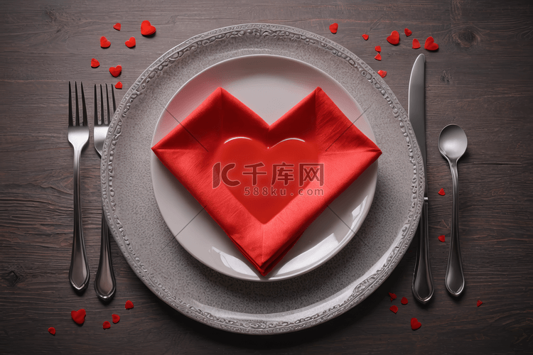 餐盘有刀叉红心餐巾可爱食物情人节浪漫餐桌布置图高清摄影大图-千库网