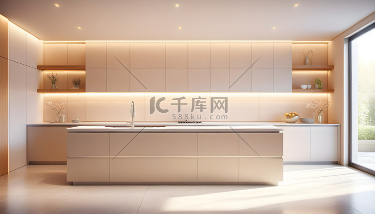 当代白色厨房配有裸露的砖块木制架子和大窗户发高清摄影大图-千库网