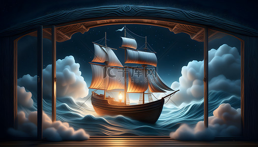 在蓬松的夜云下风暴灯笼照亮了一艘发光的废弃船高清摄影大图-千库网