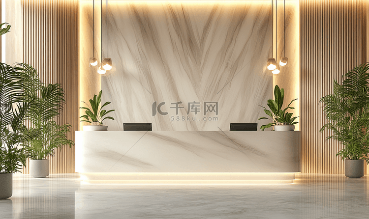 酒店简约风格的接待柜台内部3D渲染背景图片免费下载-千库网