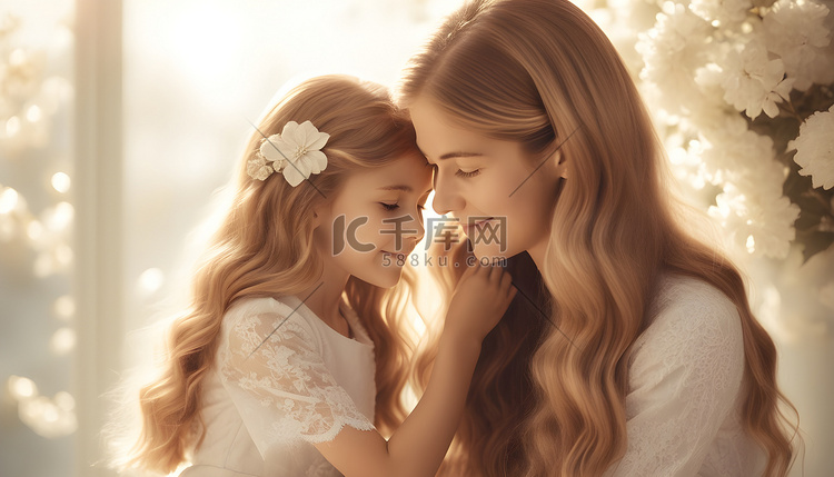 温暖的拥抱沐浴在黄金时间光芒中的母子高清摄影大图-千库网