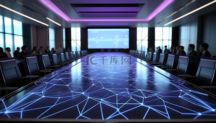 未来派会议室配备大屏幕和沐浴在充满活力的紫色高清摄影大图-千库网