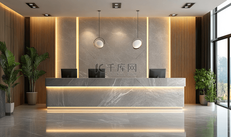 酒店简约风格的接待柜台内部3D渲染背景图片免费下载-千库网
