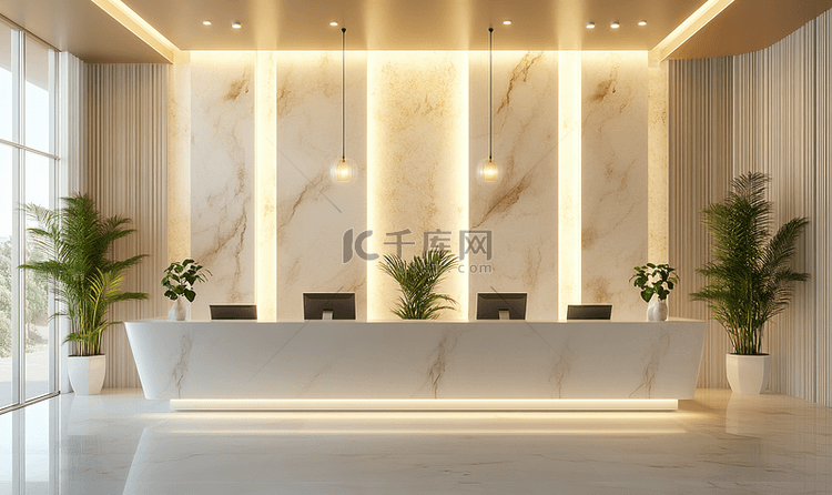 酒店3D渲染的白色柜台接待处背景图片免费下载-千库网
