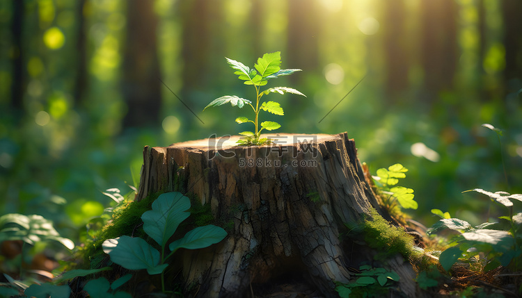 在饱经风霜的树桩上发芽的树苗在充满活力的森林高清摄影大图-千库网