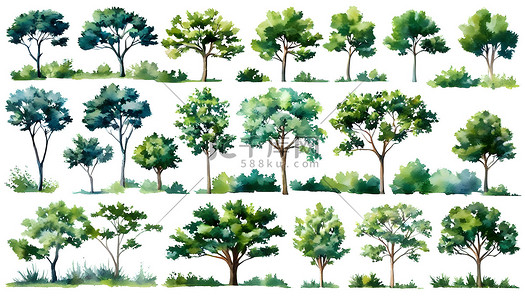 充满活力的水彩收集不同的绿树景观和建筑插图高清摄影大图-千库网