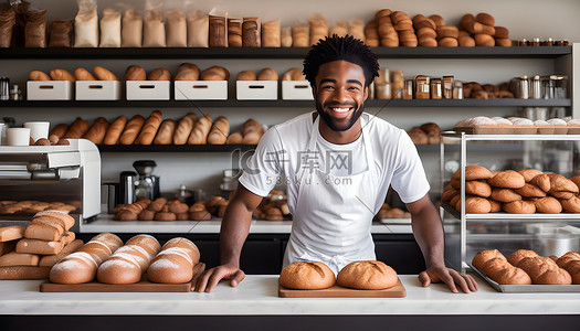欢乐的面包店场景一个快乐的年轻非洲男子穿着围高清摄影大图-千库网