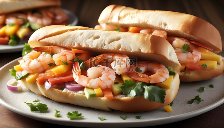 美味的虾波伊三明治上洒着丰富的remoula高清摄影大图-千库网
