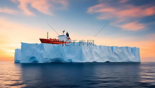 红色破冰船在充满活力的蓝天下穿越北极冰冷水域高清摄影大图-千库网