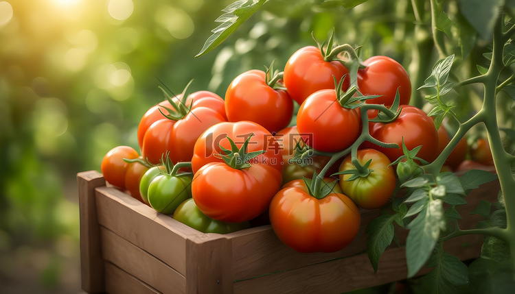 木箱里充满活力的番茄收获周围环绕着郁郁葱葱的高清摄影大图-千库网