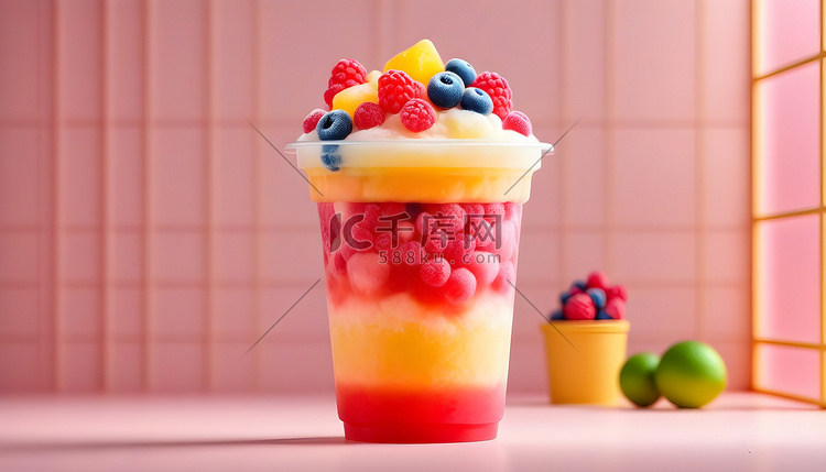 清爽的冷冻水果冰沙配有充满活力的覆盆子蓝莓和高清摄影大图-千库网