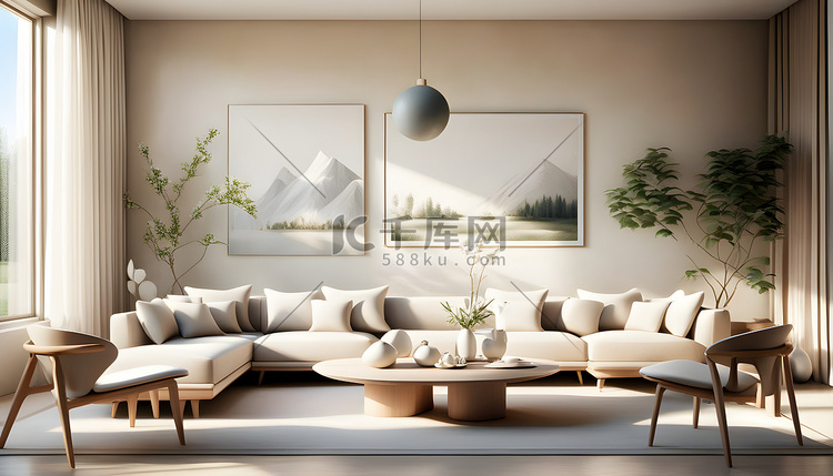 别致的客厅设计配有现代化的沙发枕头充满活力的高清摄影大图-千库网