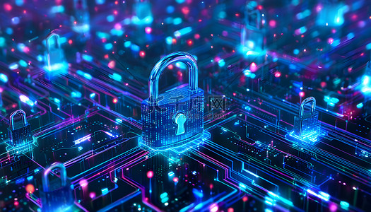 网络安全焦点电路板上的挂锁在梦幻的Bokeh高清摄影大图-千库网
