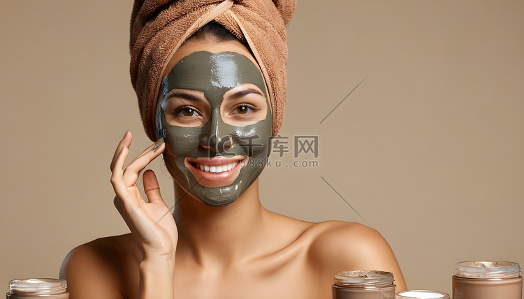 放松的水疗体验女性享受粘土面部护理容光焕发的高清摄影大图-千库网