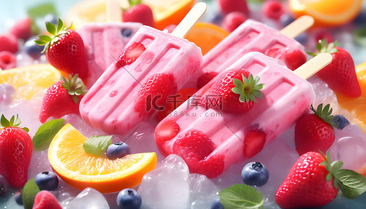 清爽的冷冻水果冰棒周围环绕着冰鲜草莓和多汁橙子高清摄影大图-千库网