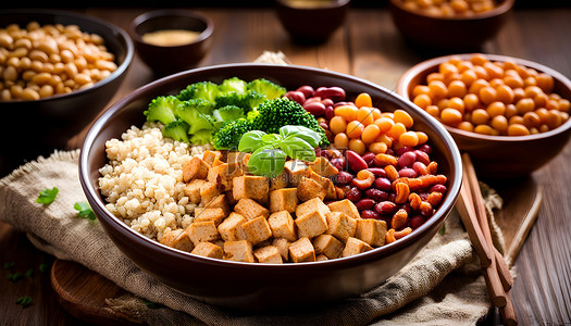 彩色纯素豆腐和藜麦炒碗配新鲜蔬菜和美味酱汁高清摄影大图-千库网