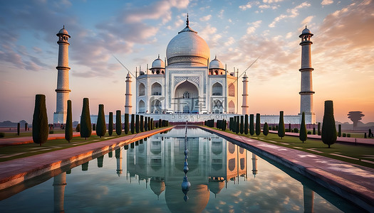 日落时雄伟的泰姬陵水中波光粼粼庆祝世界遗产纪高清摄影大图-千库网