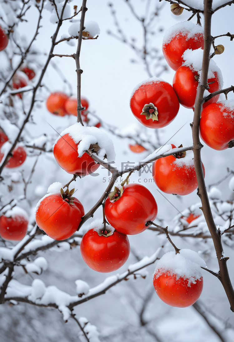 雪中红柿迎新年瑞雪兆丰年柿子红高清摄影大图-千库网