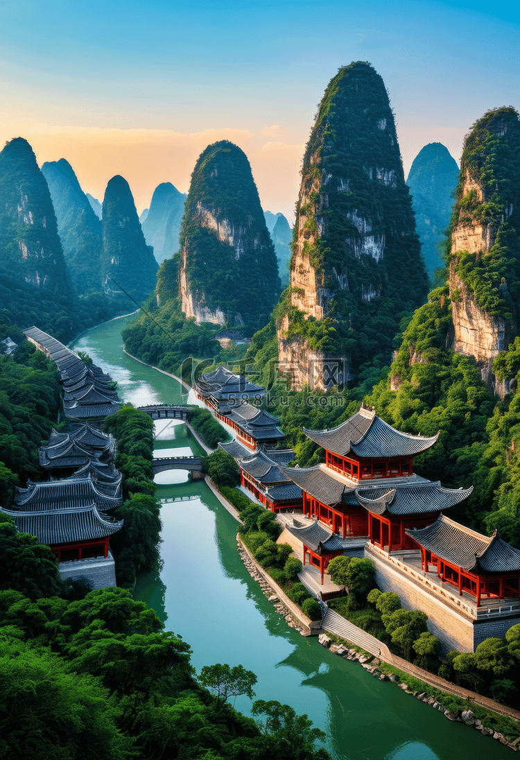 漓江山水间的古韵画卷桂林山水与中式建筑之美高清摄影大图-千库网
