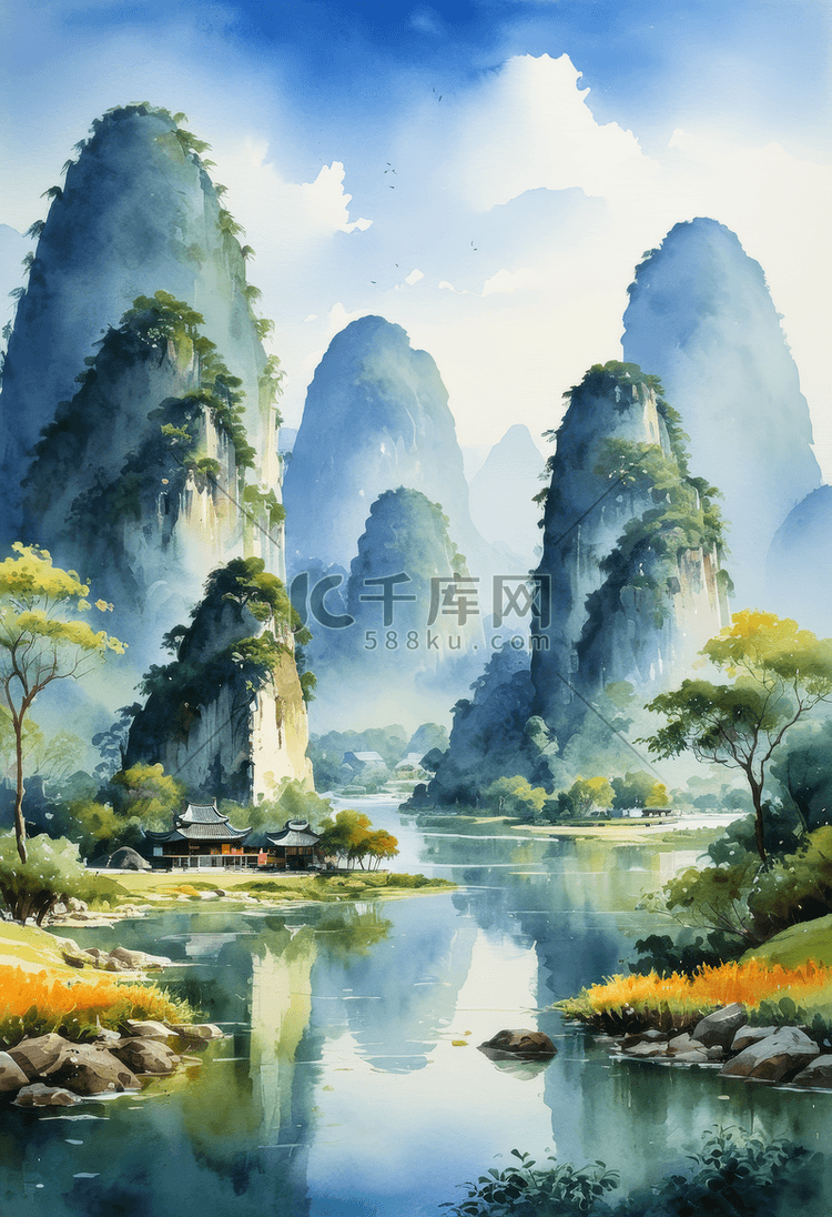 漓江山水间的诗意画卷水墨丹青绘就的秀美山河高清摄影大图-千库网