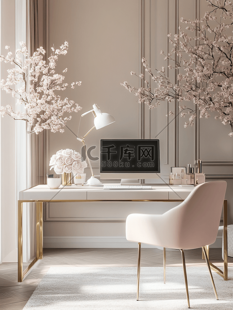 女性办公桌正面图配有电脑化妆品花瓶和灯3D渲染背景图片免费下载-千库网
