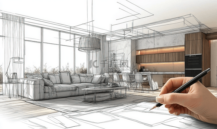 设计师在为客户创建室内设计3D草图时使用图形平板电脑背景图片免费下载-千库网