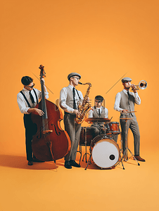 全景拍摄艺术家在城市中演奏爵士音乐高清摄影大图-千库网