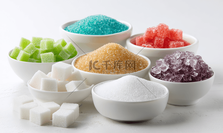 白色背景下碗中不同类型块糖的侧视图高清摄影大图-千库网