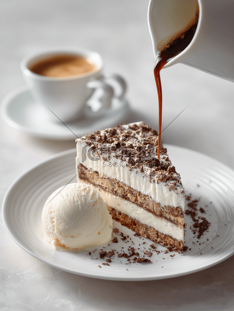 一块蛋糕配冰淇淋和咖啡高清摄影大图-千库网