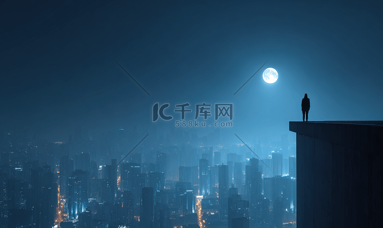 月夜悬崖上的孤独人影与城市夜景高清摄影大图-千库网