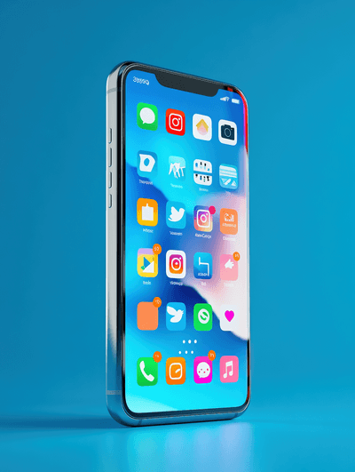 呈现蓝色背景的3D智能手机应用程序概念背景图片免费下载-千库网