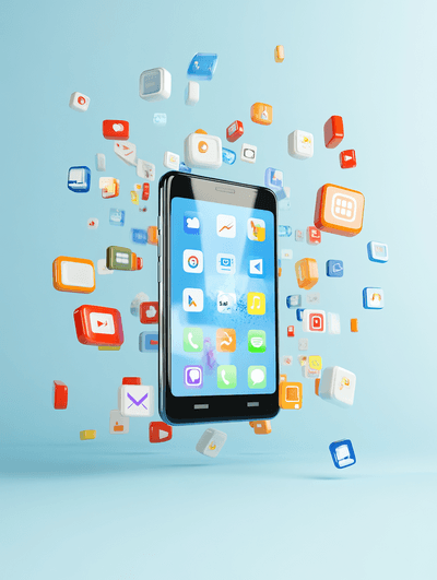 呈现蓝色背景的3D智能手机应用程序概念背景图片免费下载-千库网