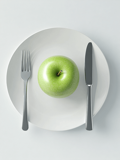 叉子和刀靠近盘子白色背景3D渲染上有新鲜的青苹果顶视图背景图片免费下载-千库网