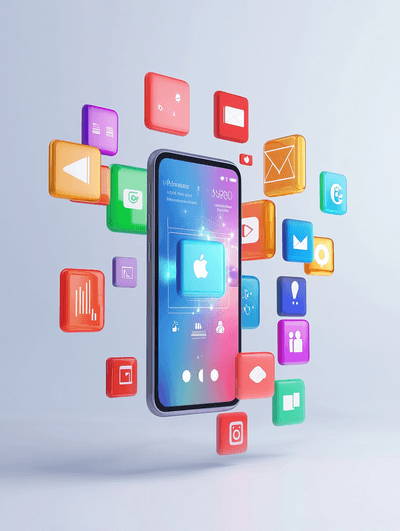 3D移动应用程序开发概念浮动应用程序到手机应用程序编码用户界面设计3D渲染背景图片免费下载-千库网