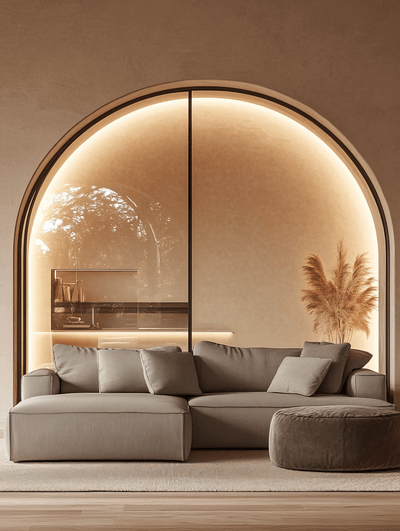 3D渲染3D插图室内场景和框架模型米色墙壁大灰色沙发暖白玻璃灯圆顶背景图片免费下载-千库网