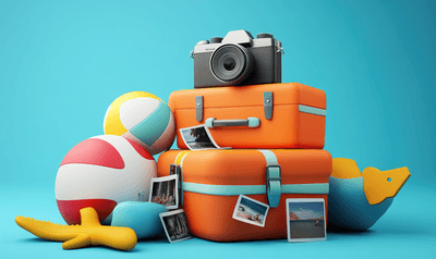 3d行李箱沙滩球相机和照片旅行概念背景图片免费下载-千库网