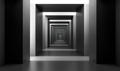 灰色重复几何形状的抽象3D插图在黑色背景上形成矩形无尽隧道背景图片免费下载-千库网