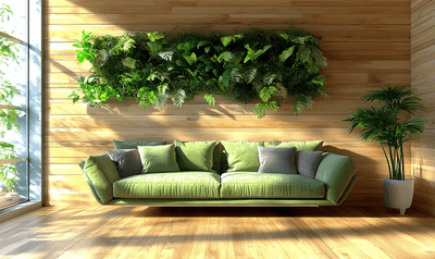 明亮的现代客厅配有绿色沙发墙板和绿色植物木质层压板3D渲染背景图片免费下载-千库网