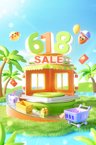 3D立体卡通618大促电商展台促销场景背景图片免费下载-千库网