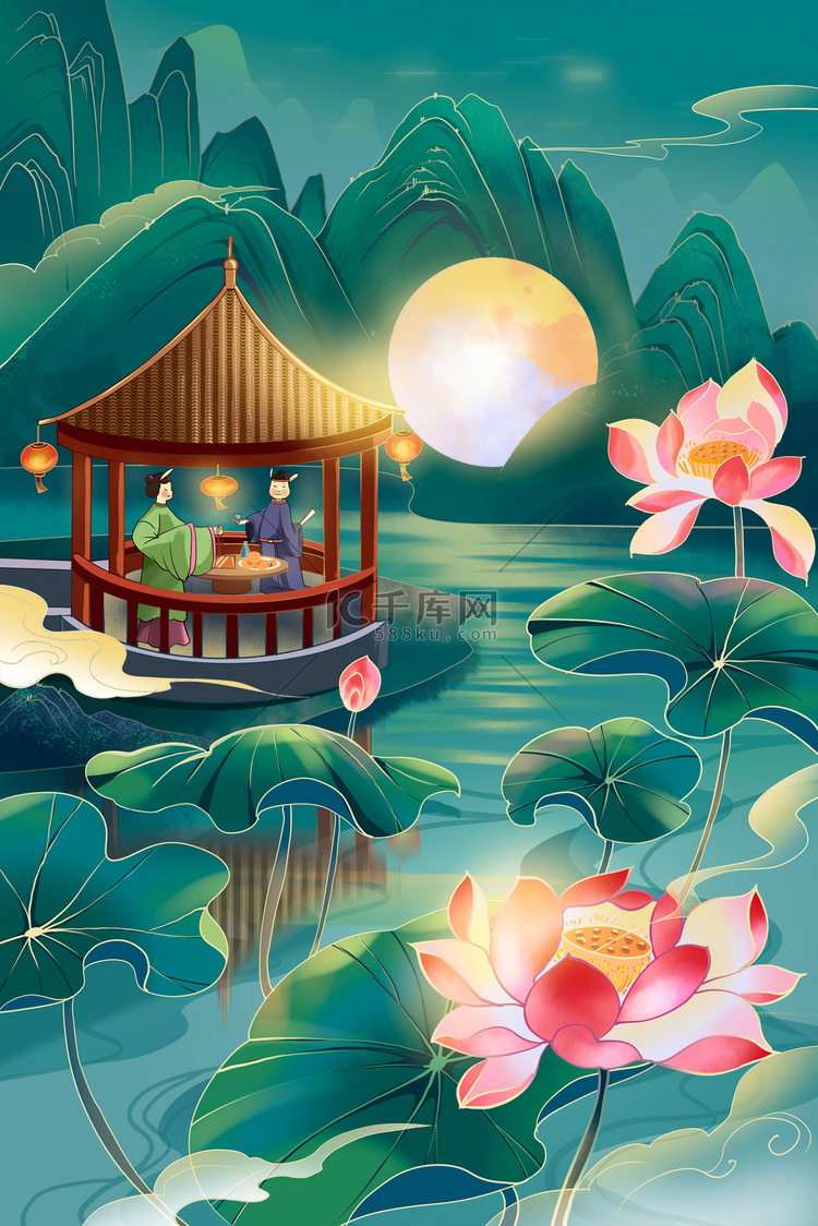 中秋节中秋月色荷花山水中秋场景插画图片-千库网