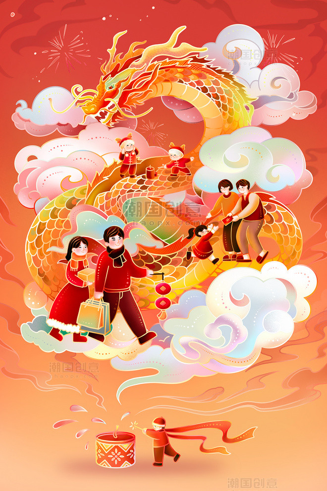 龙年春节祥云飞龙国潮日报风插画春节海报模板下载-千库网