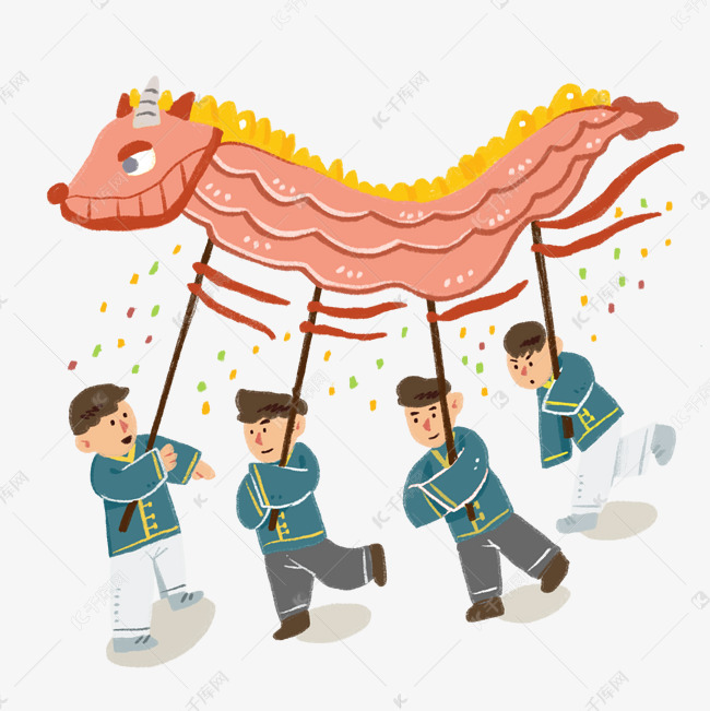 新年手绘卡通人物舞龙素材图片免费下载-千库网