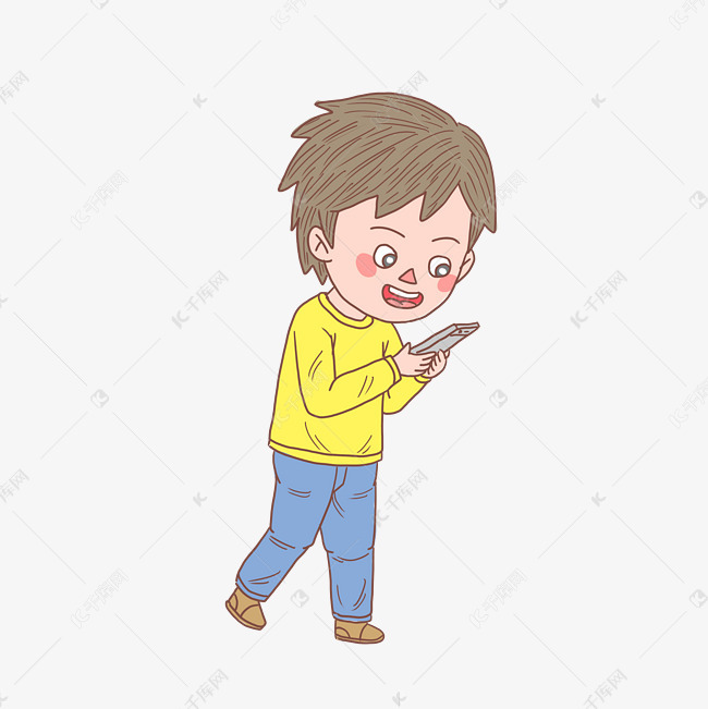 卡通手绘人物走路看手机男孩素材图片免费下载-千库网