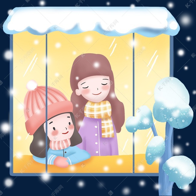 手绘冬天在室内看雪场景素材图片免费下载-千库网