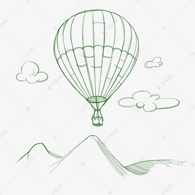 热气球可爱卡通手绘简笔线稿绿色素材图片免费下载-千库网