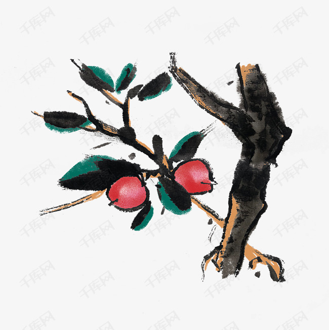 桃子桃树手绘水墨插画素材图片免费下载-千库网
