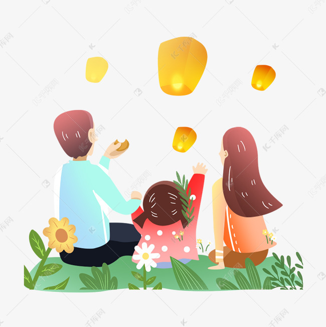 中秋节团圆赏花灯孔明灯素材图片免费下载-千库网