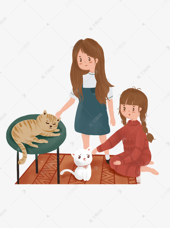 手绘卡通逗猫玩的小女生插画设计元素素材图片免费下载 千库网