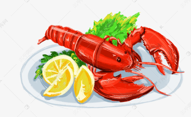美食龙虾柠檬菜叶手绘插画素材图片免费下载-千库网
