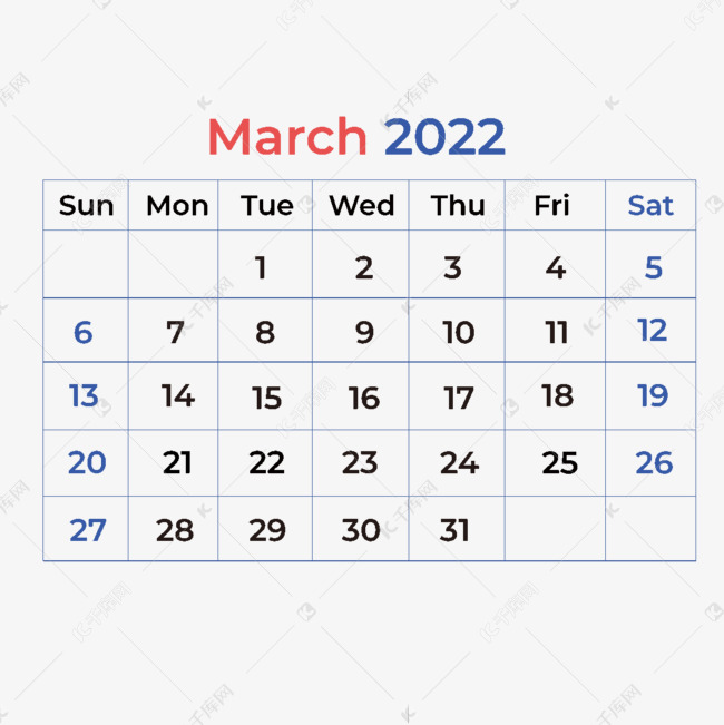 2022年3月经典蓝红色日历素材图片免费下载-千库网